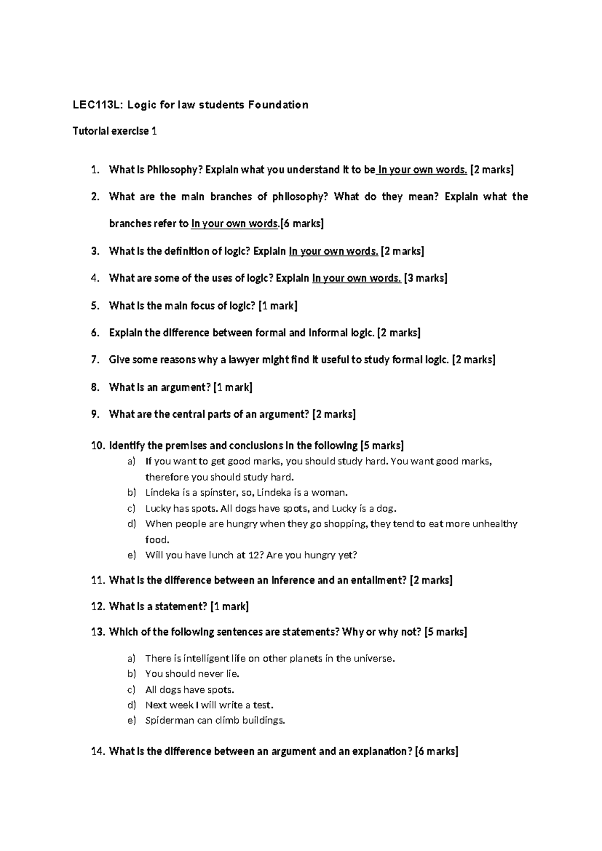 Tutorial exercise 1 - LEC113L: Logic for law students Foundation ...
