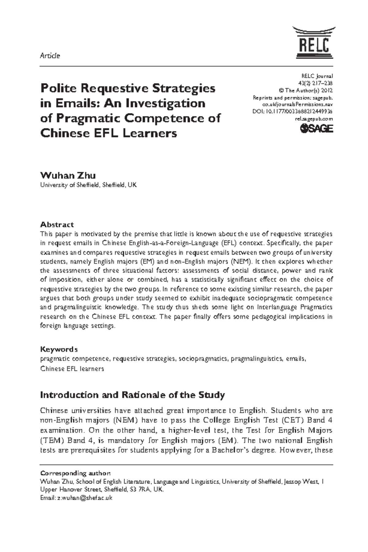 Discourse in Linguistic - RELC Journal 43(2) 217 – © The Author(s) 2012 ...