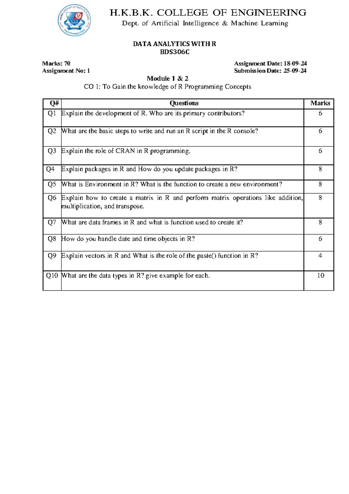BDS306C R Assignment 1 - Key Concepts in R Programming - Studocu