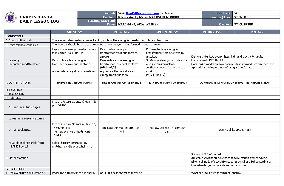 DLL Science 6 Q3 W6 - Energy Transformation Lesson Plan - Studocu