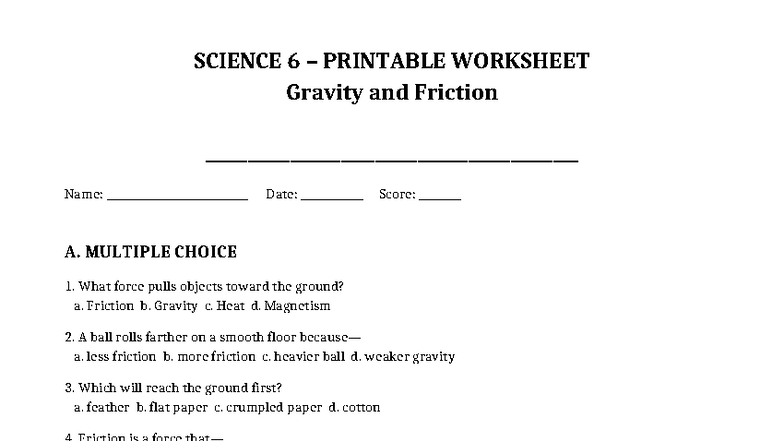 SCIENCE 6 Gravity and Friction Worksheet for Students - Studocu