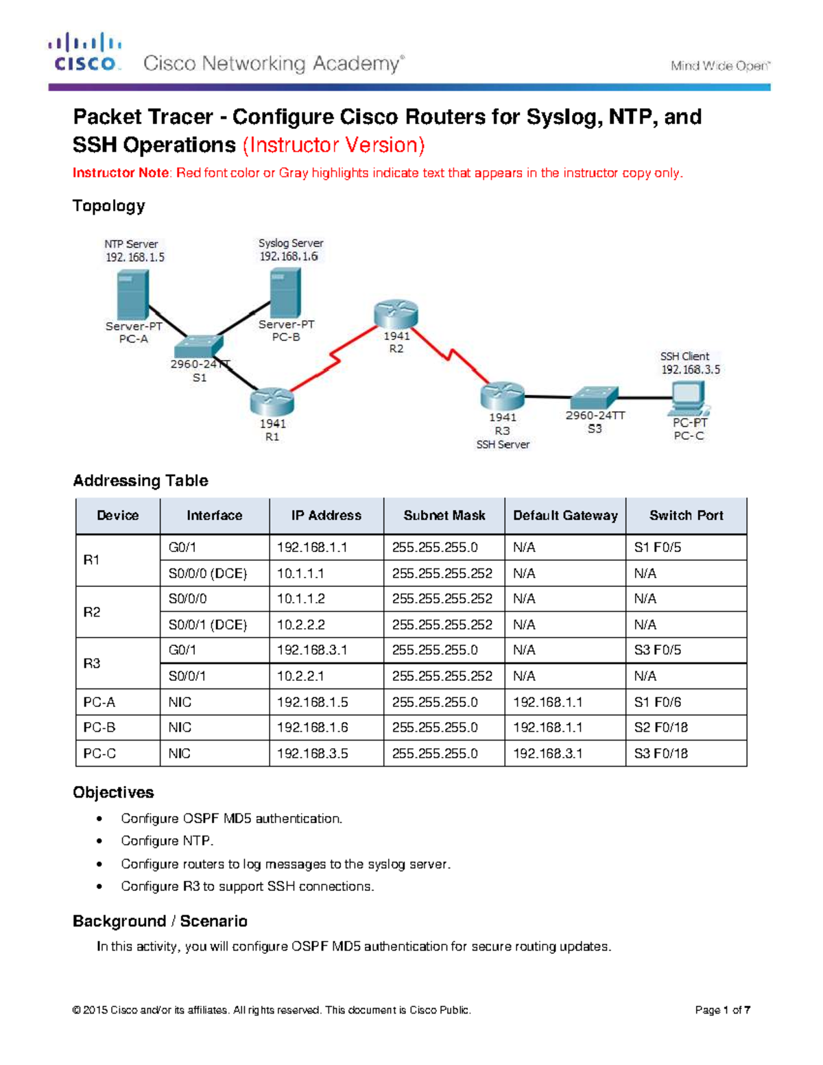 Packet Tracer Lab 01: Configuring Cisco Routers for Syslog, NTP, SSH ...