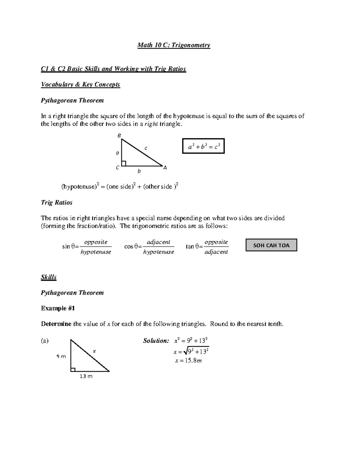 Math 10 C: Trigonometry C1 C2 Concept Sheets on Ratios & Theorems - Studocu