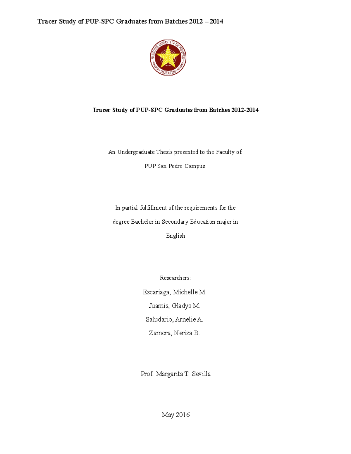 Tracer Study of PUP-SPC Graduates (2012-2014): Employment Insights ...