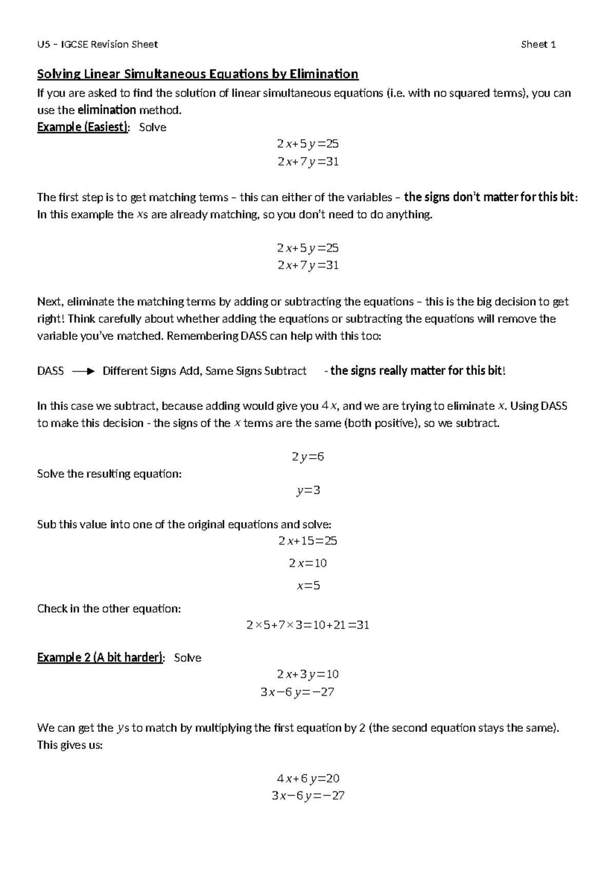 Sheet 1 Igcse Revision Sheets Linear Simultaneous Equations 2022 - U5 ...