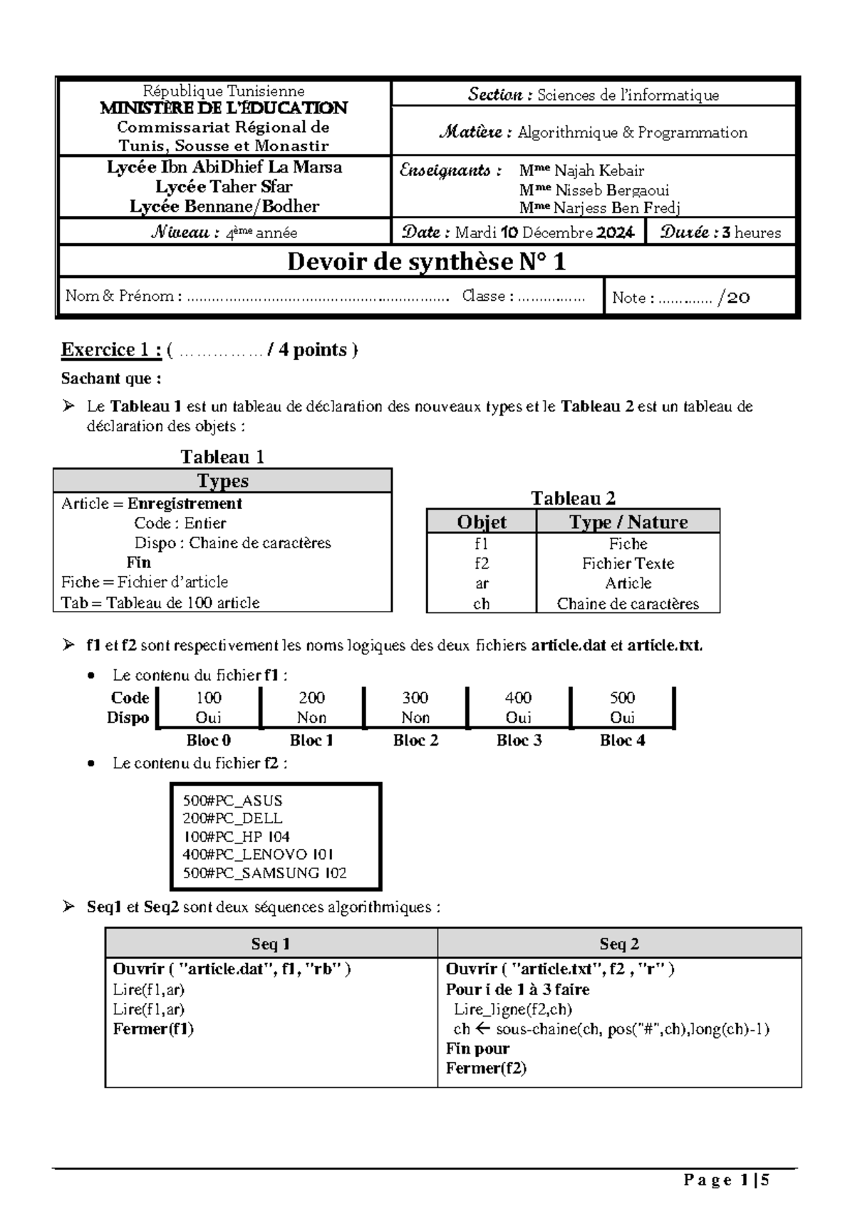 4Science Devoir de synthèse N° 1 - 2024 Algorithmique & Programmation - Studocu