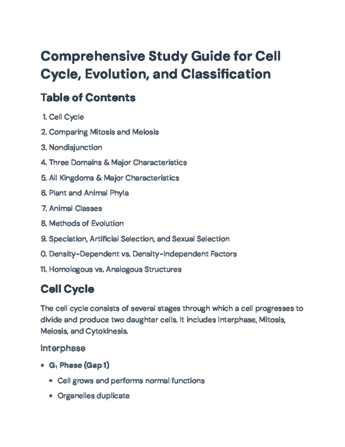 Comprehensive Study Guide: Cell Cycle, Evolution & Classification ...