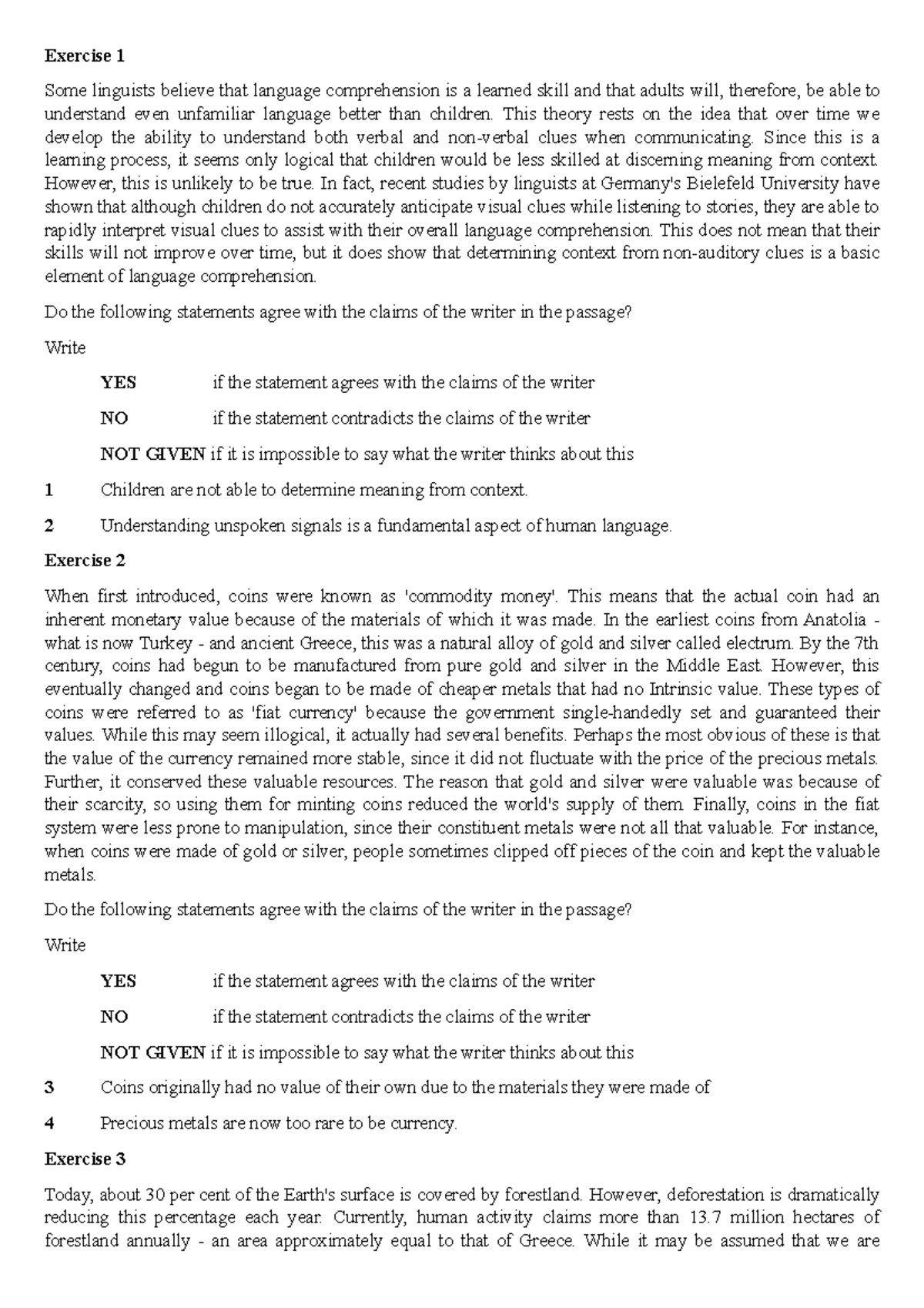 Yes No Not Given Exercises: Language Comprehension & Emotional ...
