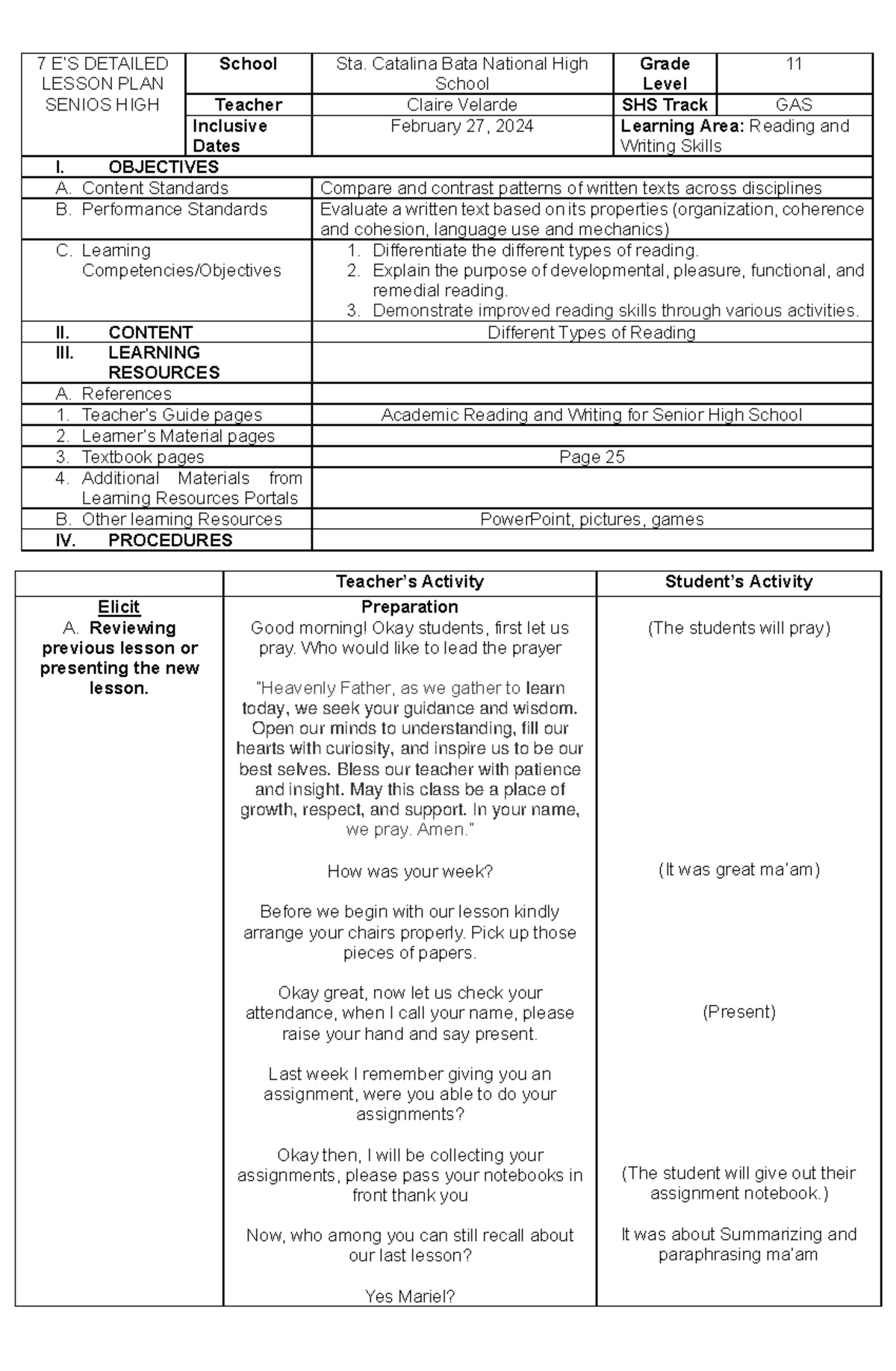 RWS 11: Detailed Lesson Plan on Types of Reading Skills - Studocu