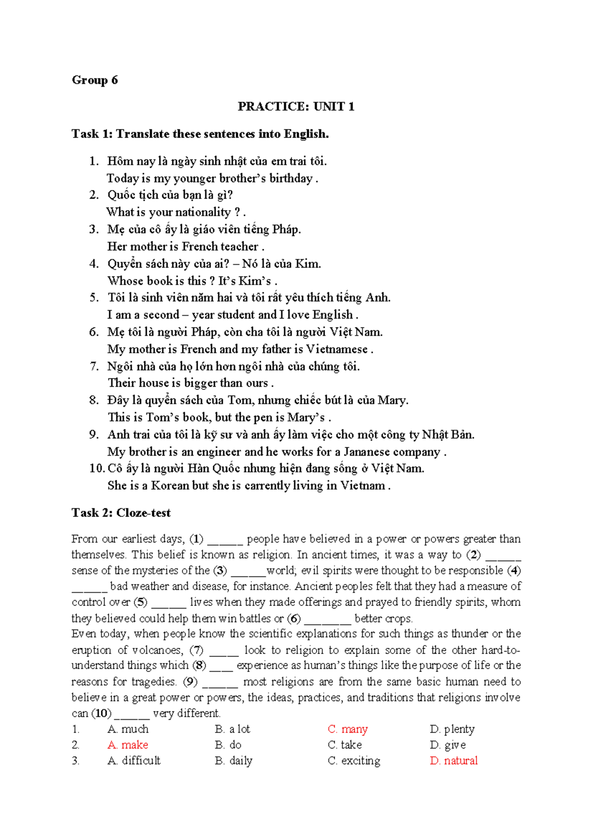 Group 6 PRACTICE: UNIT 1 English Translation & Comprehension Tasks ...