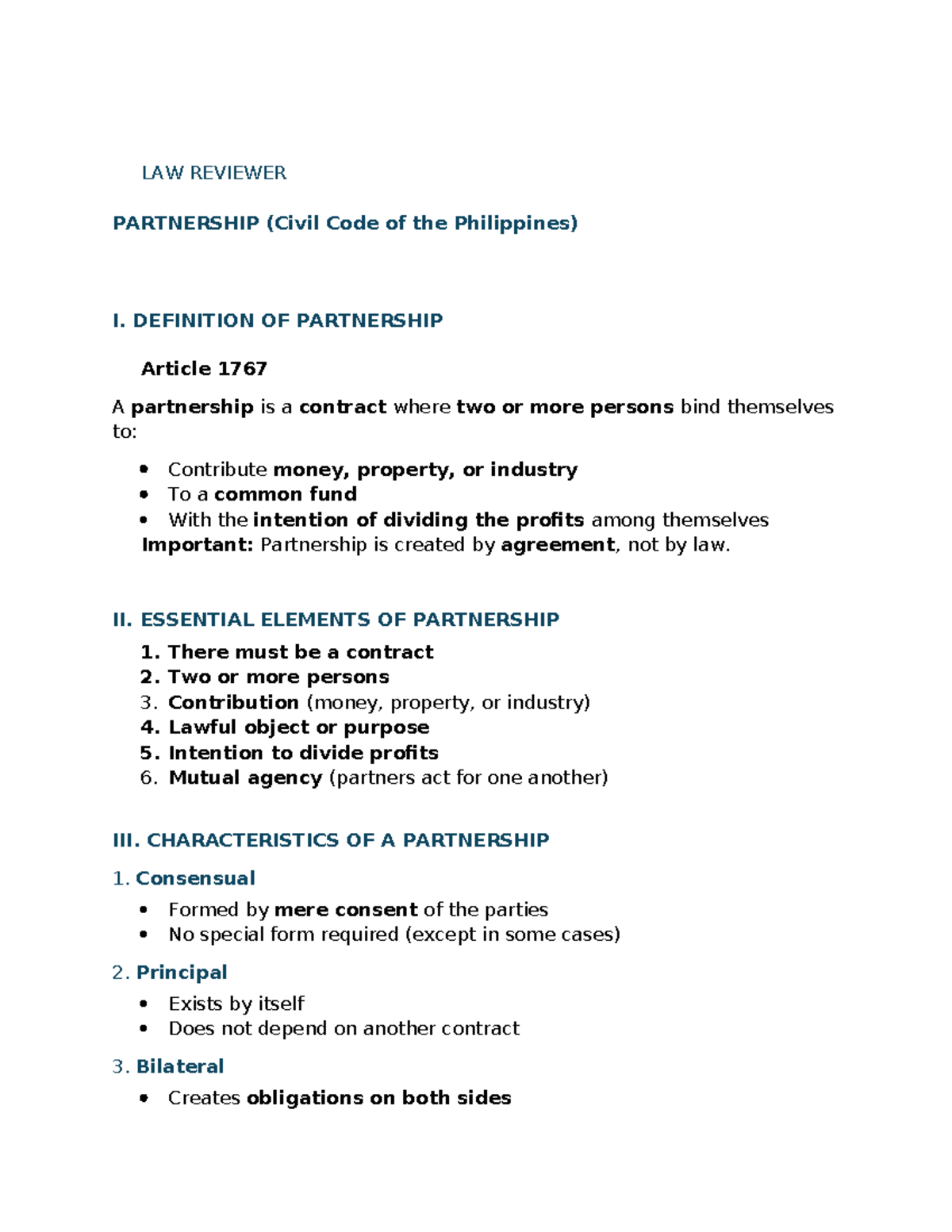 LAW REVIEWER: PARTNERSHIP (Civil Code of the Philippines) - Studocu