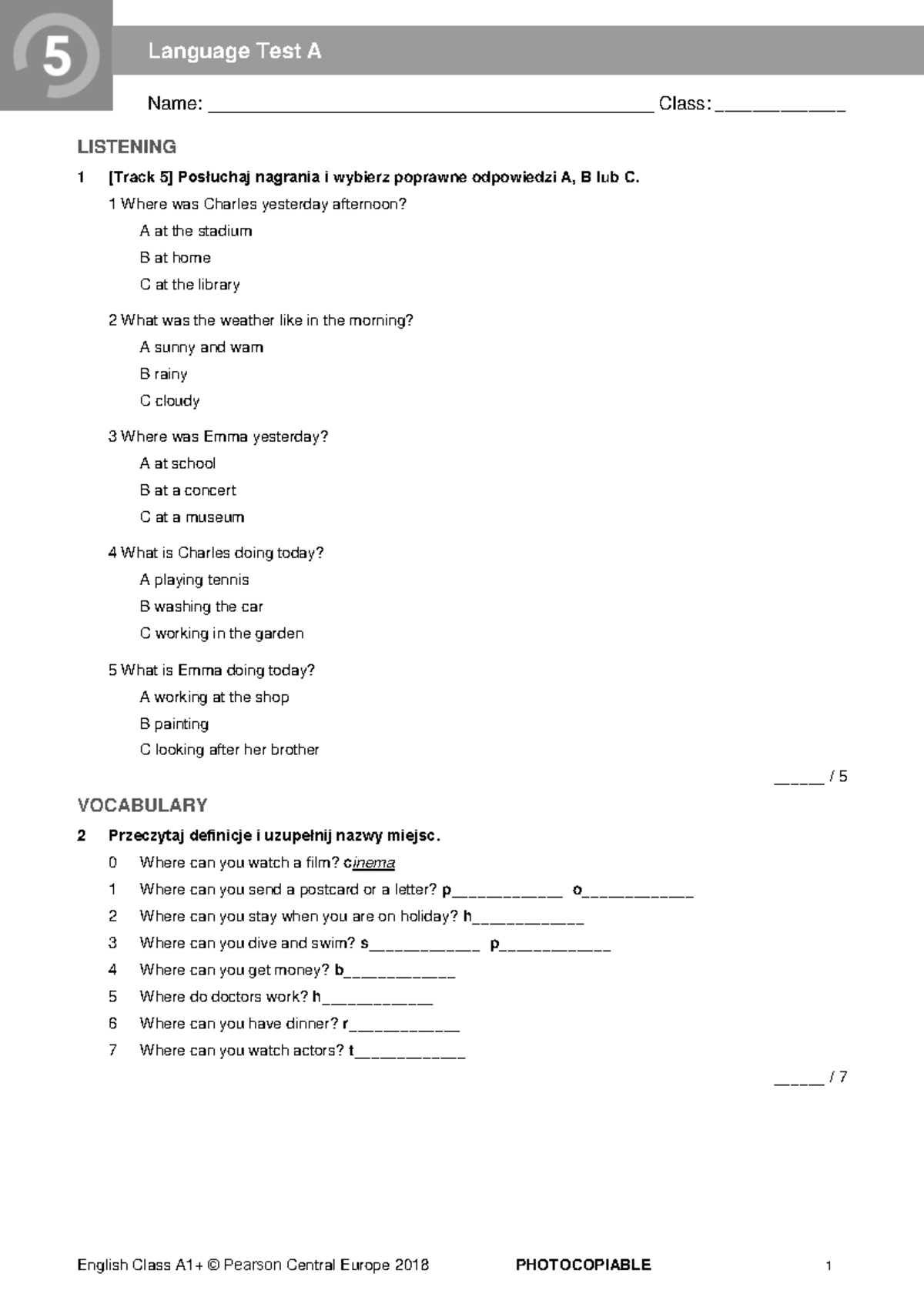 EC A1P - Language Test 5A Listening, Vocabulary, Grammar & Writing ...