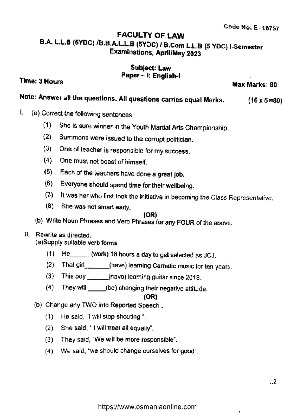 Eng Question Paper 2023 - Code No: 18757 FACULTY OF LAW B. L.L (5YDC ...