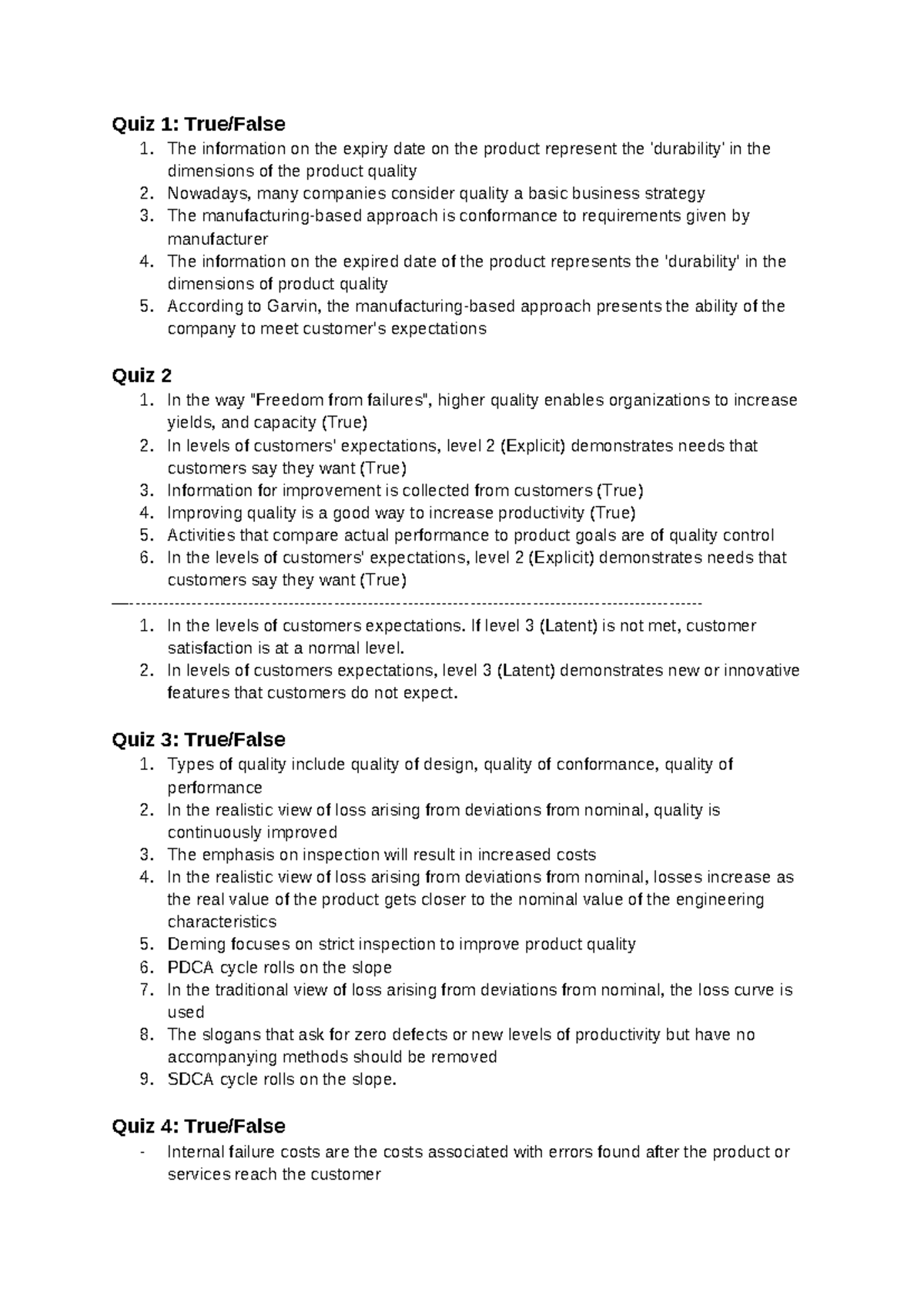Quiz Series on Quality Management Concepts - ABC 101 - Studocu