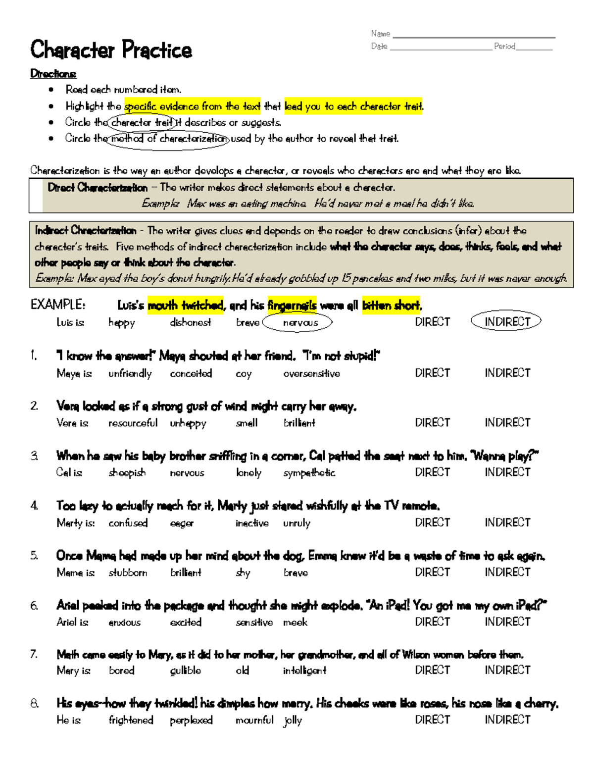 Character Practice: Analyzing Character Traits and Methods - Studocu