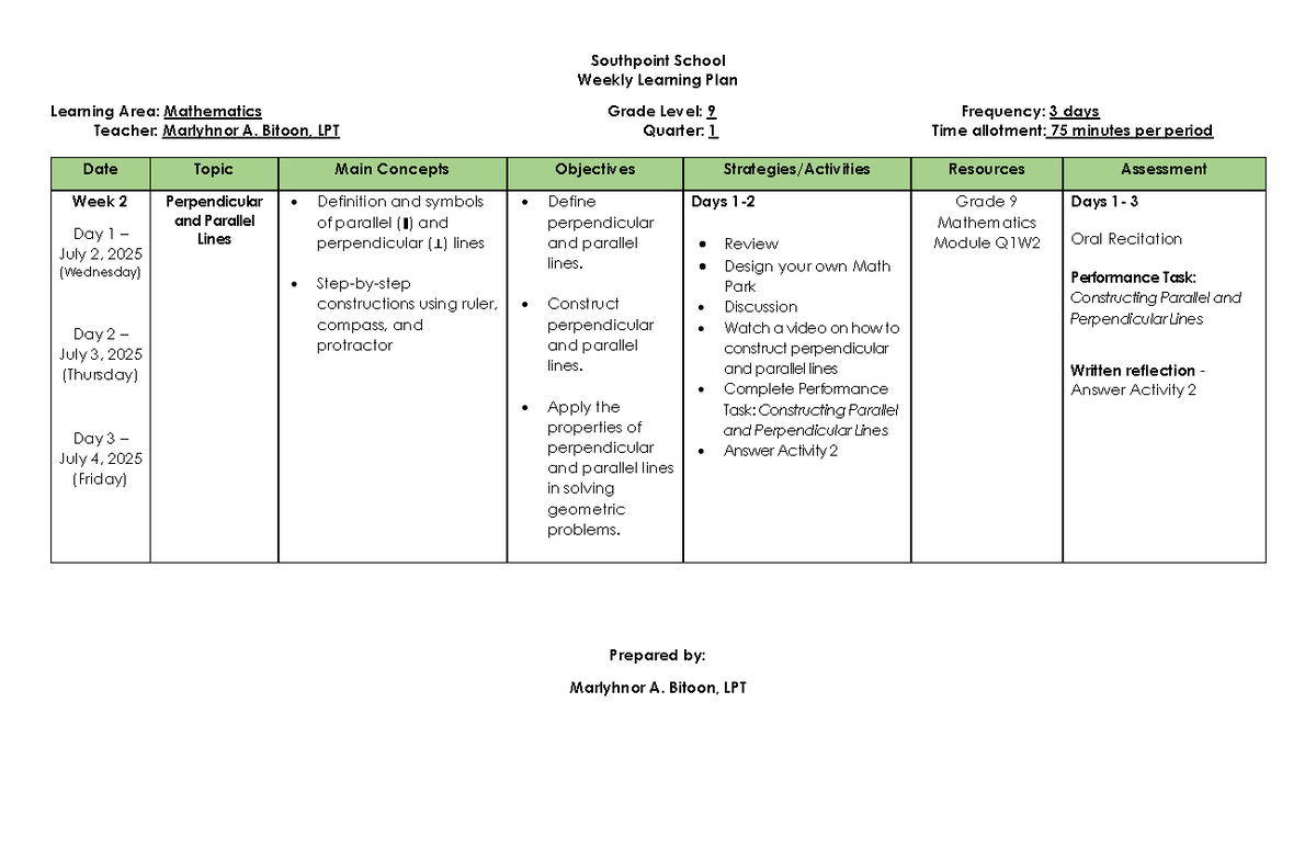 MATH9 Q1W2 Weekly Learning Plan: Perpendicular & Parallel Lines - Studocu