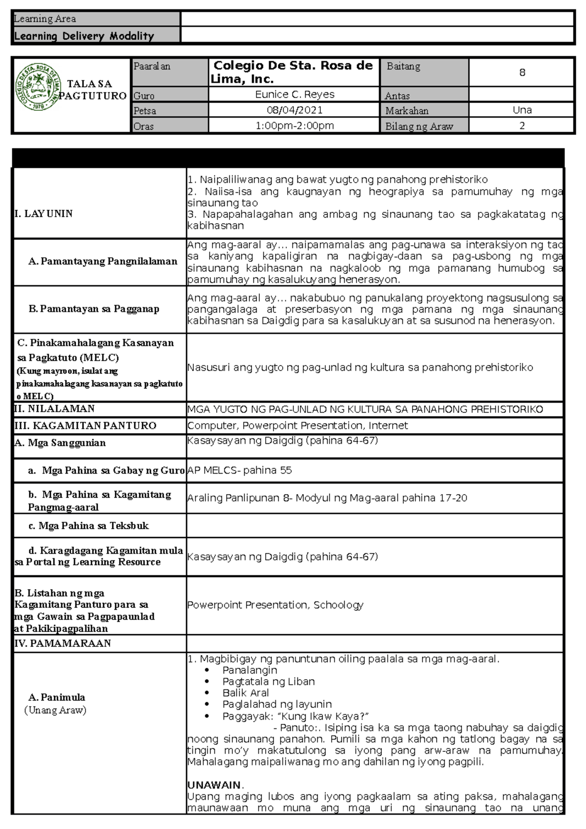 IDEA Exemplar Template - (Filipino) - Learning Area Learning Delivery ...