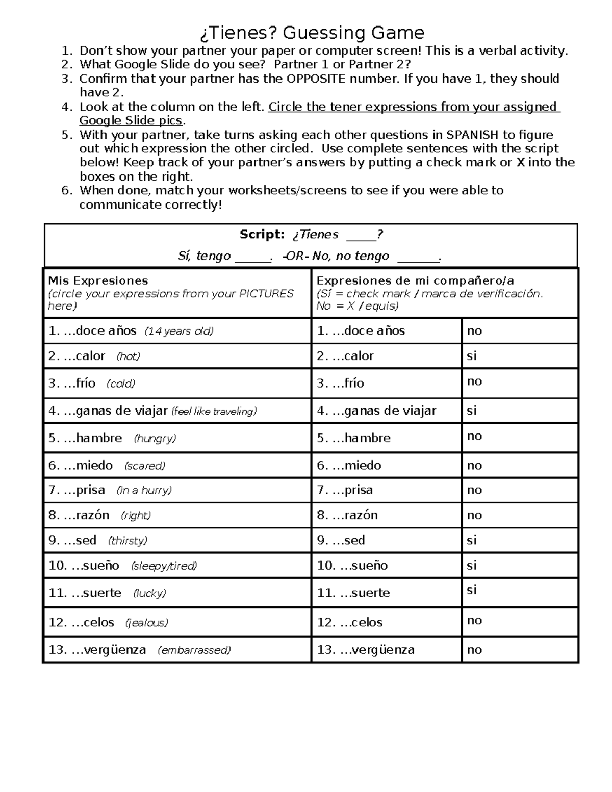 Tener Expressions Speaking Game: Guessing Activity Guide - Studocu