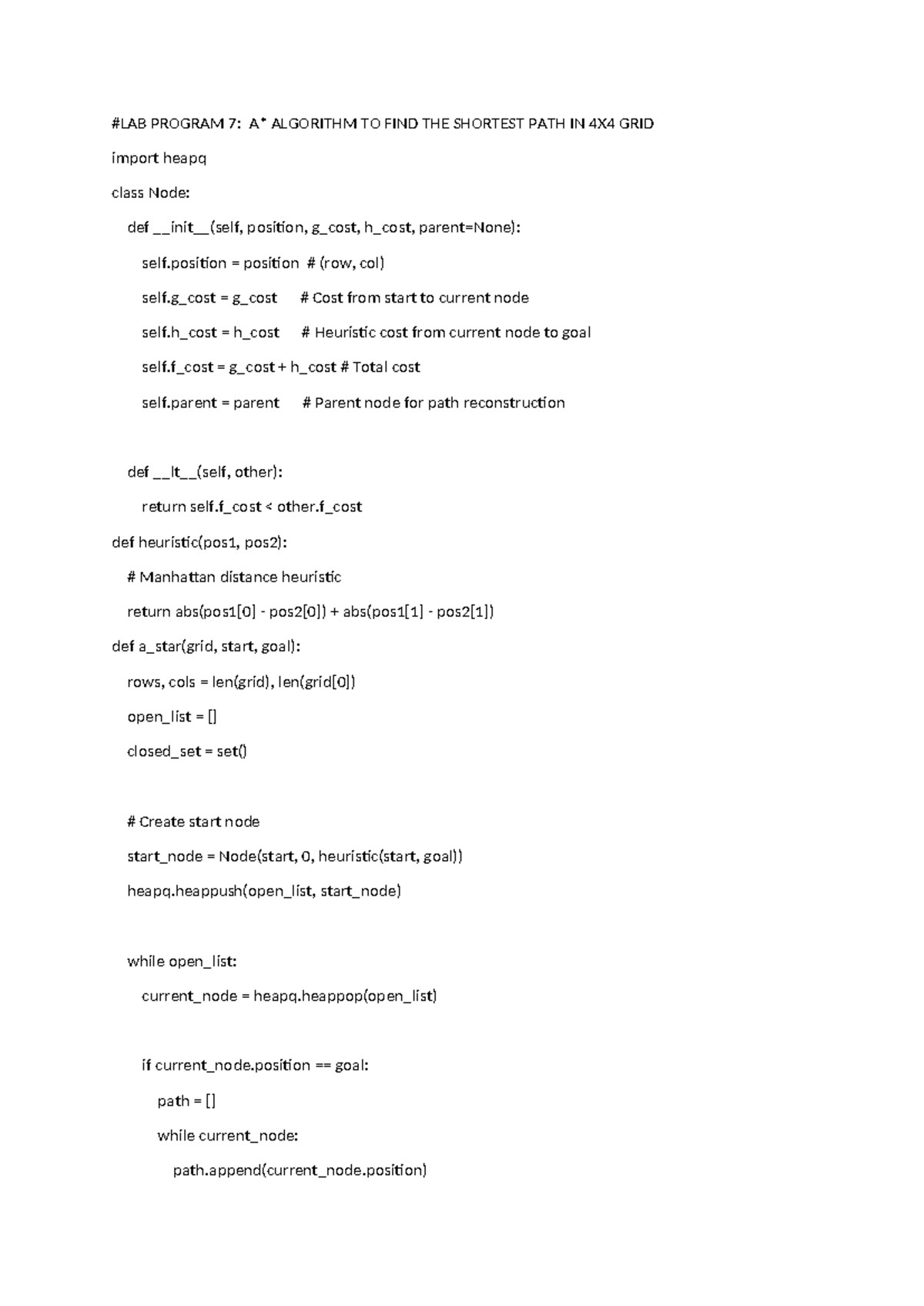 BCA 3: Lab Program 7 - A* Algorithm for Shortest Path in 4x4 Grid - Studocu