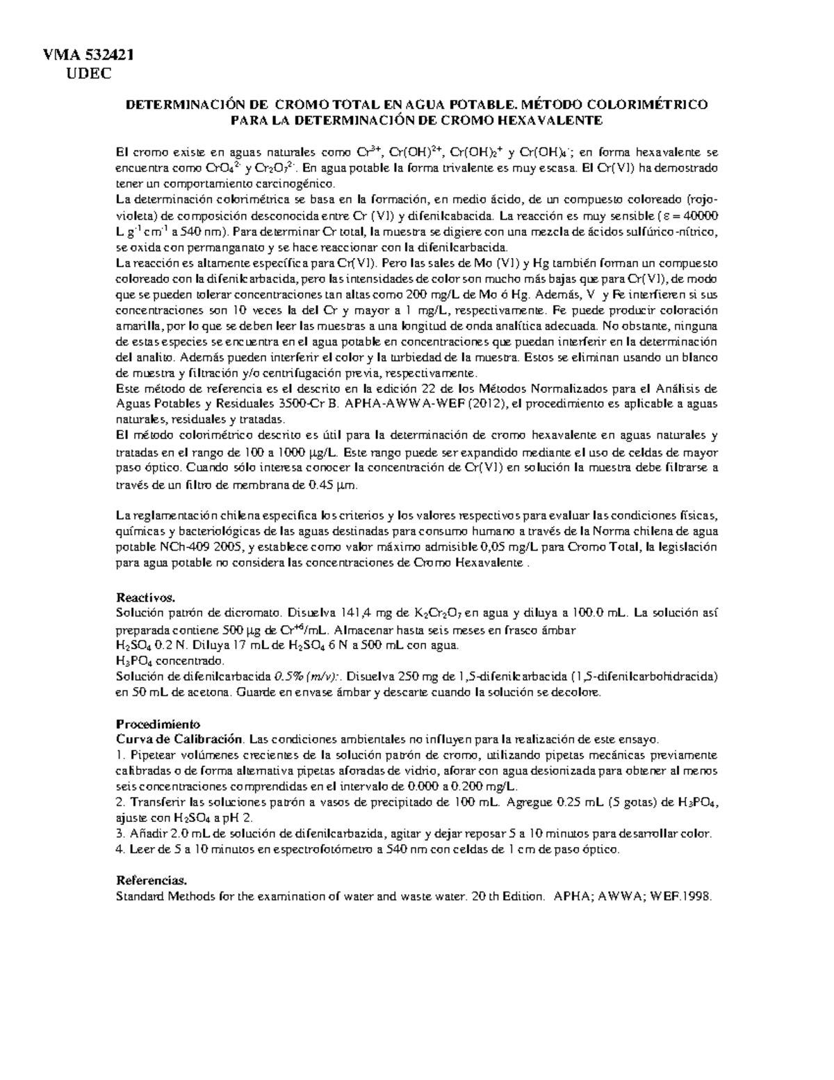 Determinación de Cromo Total en Agua Potable - VMA 532421 - Studocu