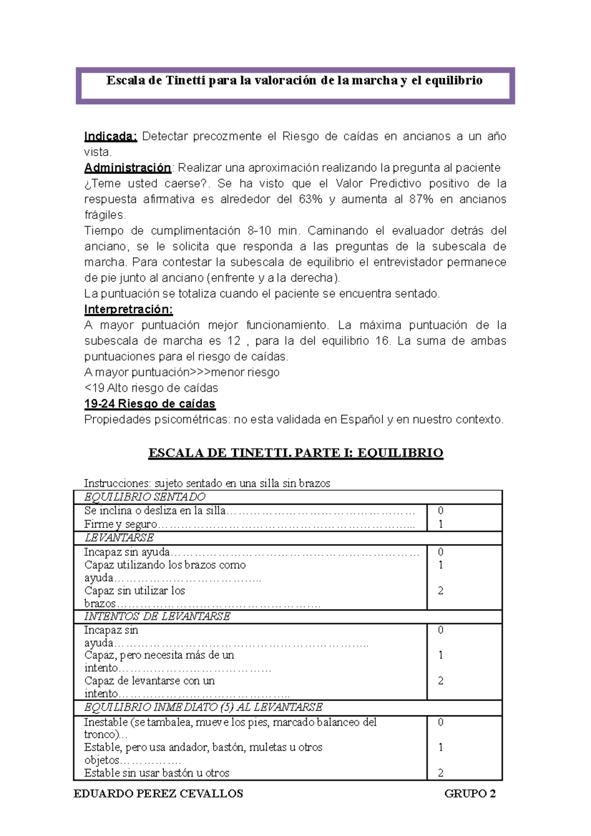 Escala Tinetti- escala de marcha y equilibrio - Indicada: Detectar ...