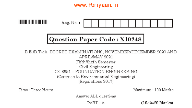 Foundation Engineering Question Paper - CE8591 (2017 Reg) 2020-2021 ...