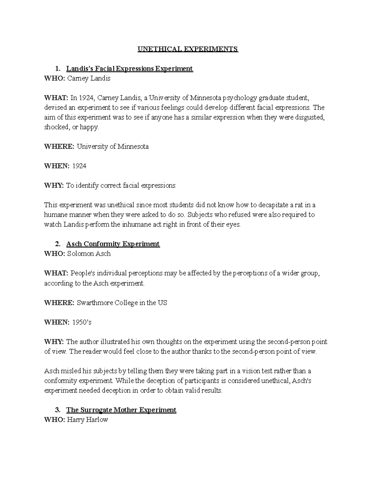 Unethical Experiments (2) - UNETHICAL EXPERIMENTS Landis’s Facial ...