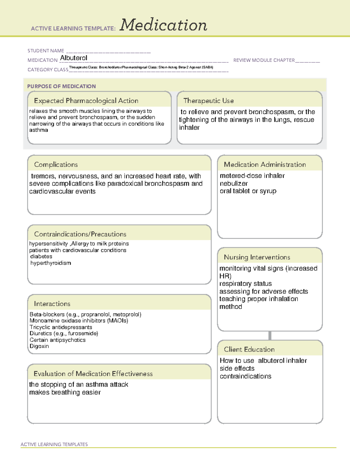 ACTIVE LEARNING TEMPLATE: Albuterol Review for Pre-Sim Lab - Studocu