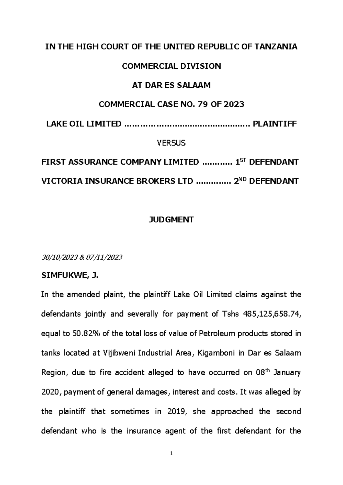 Lake Oil Ltd vs First Assurance Co Ltd: Judgment Summary on Insurance ...
