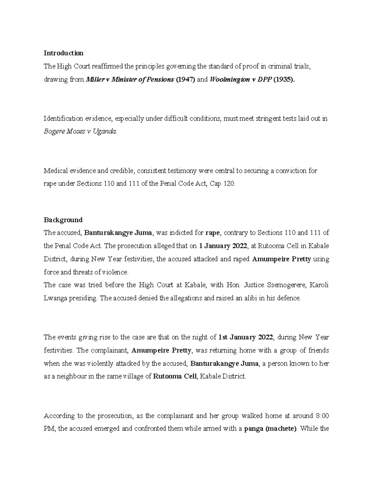 Rape Corroboration Case Study: Banturakangye Juma - Law 101 - Studocu