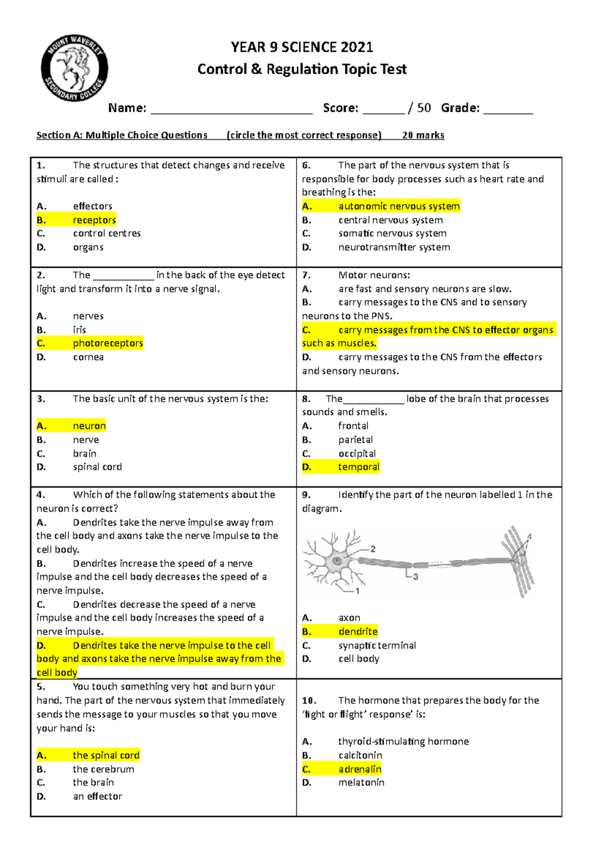 YEAR 9 Science 2021 TEST - YEAR 9 SCIENCE 2021 Control & Regulation ...