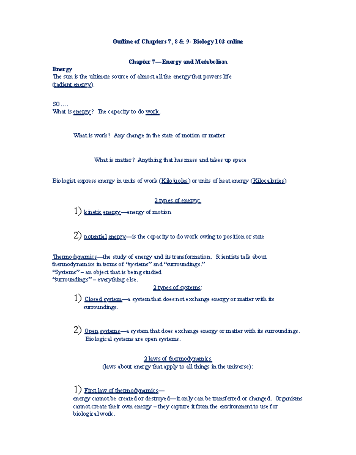 Biology 103 Study Guide: Chapters 7, 8, & 9 Overview - Studocu