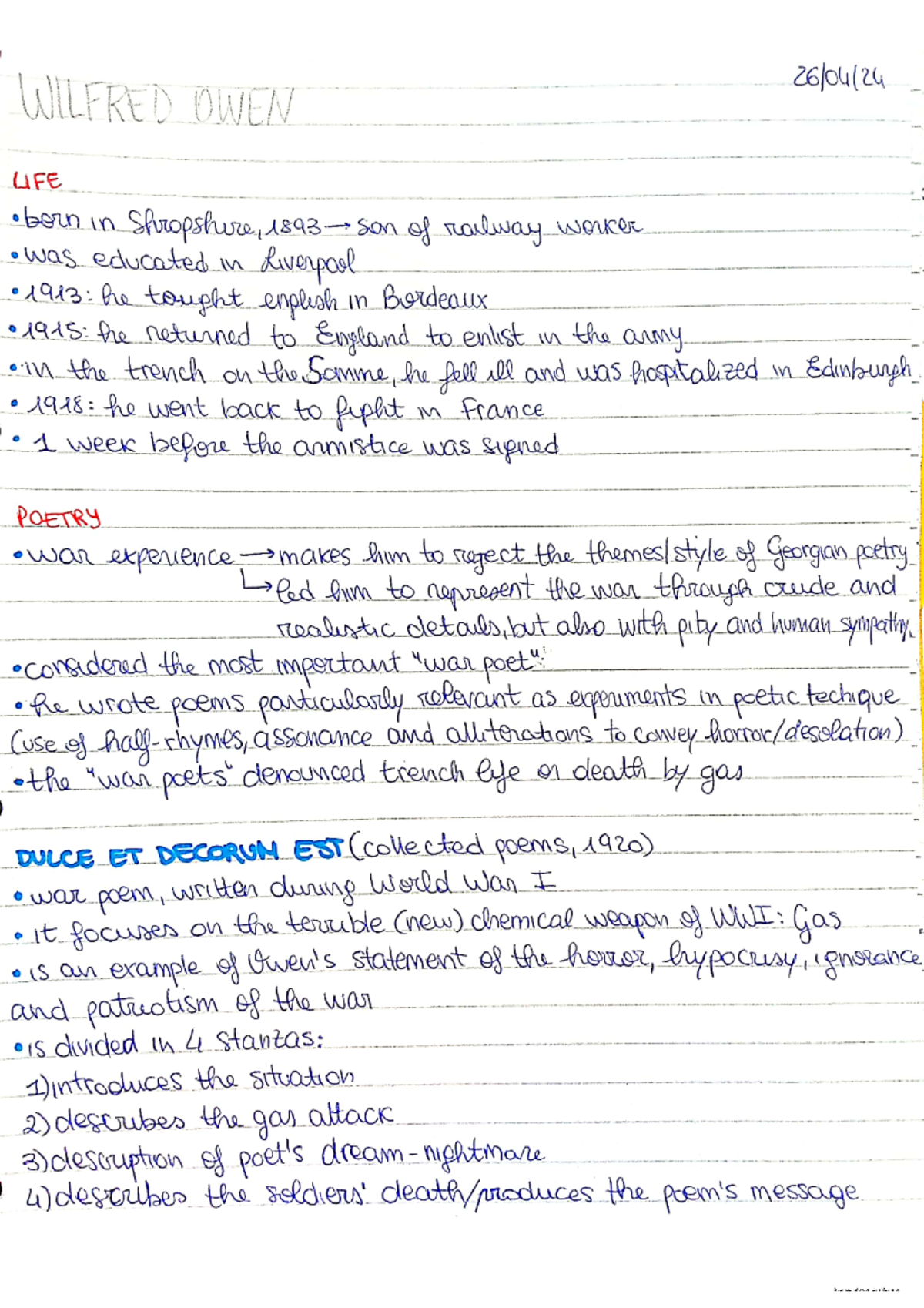 Wilfred Owen: War Poetry Analysis - English Literature Notes - Studocu