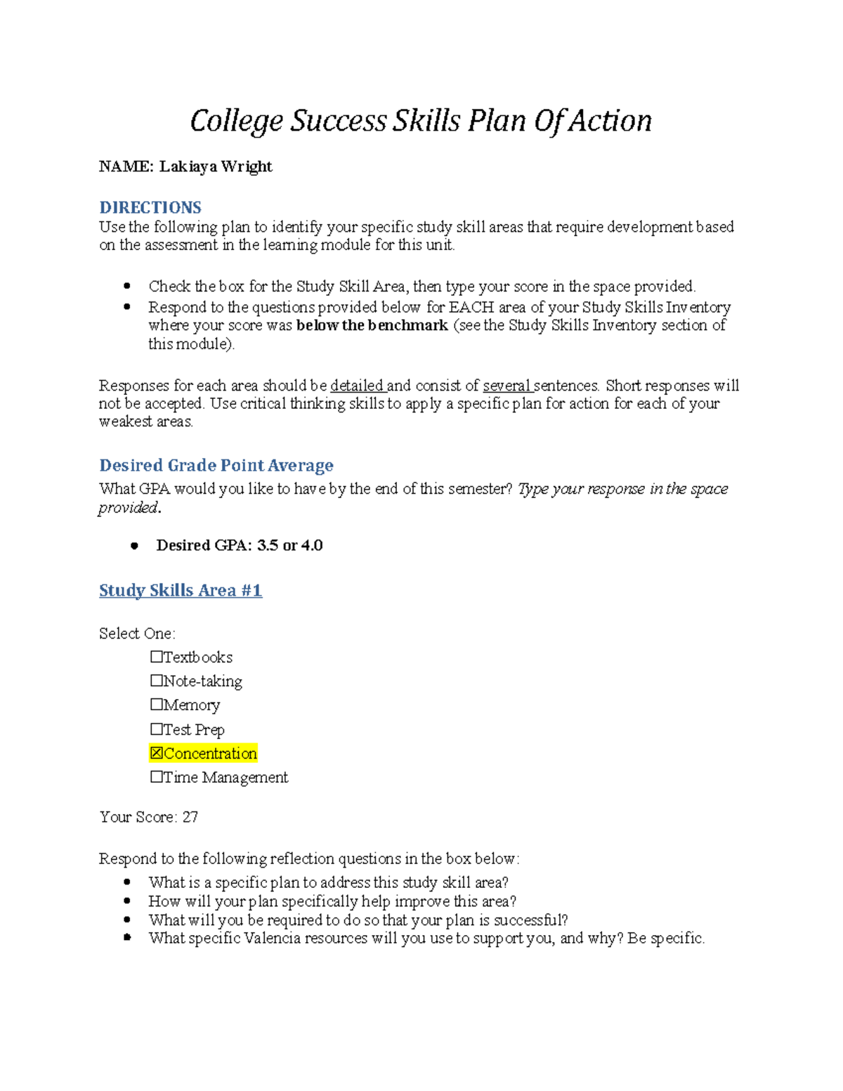 College Success Skills Plan of Action - Study Improvements Guide - Studocu