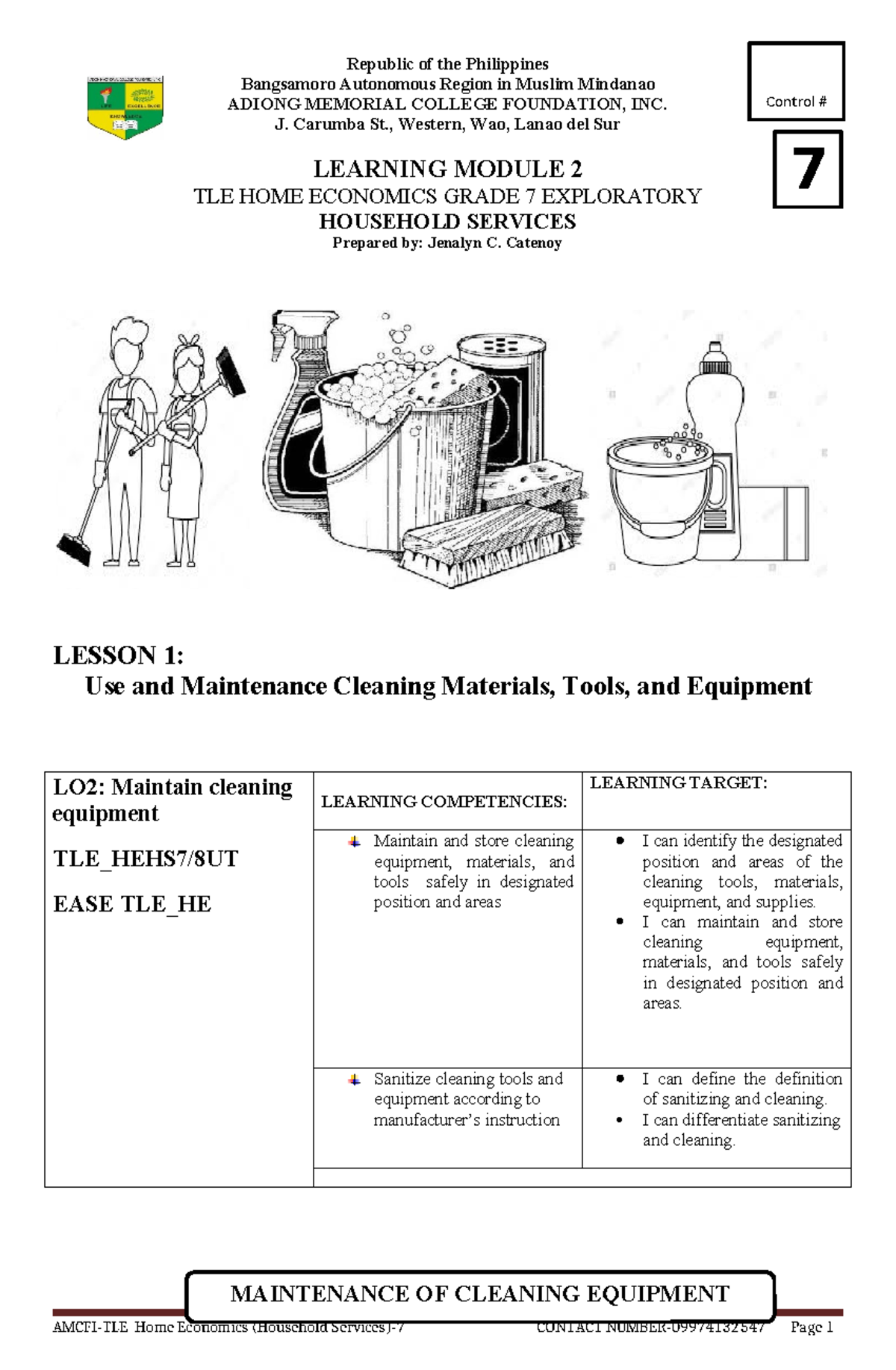 TLE_HE Grade 7 Learning Module 2: Cleaning Tools & Equipment ...