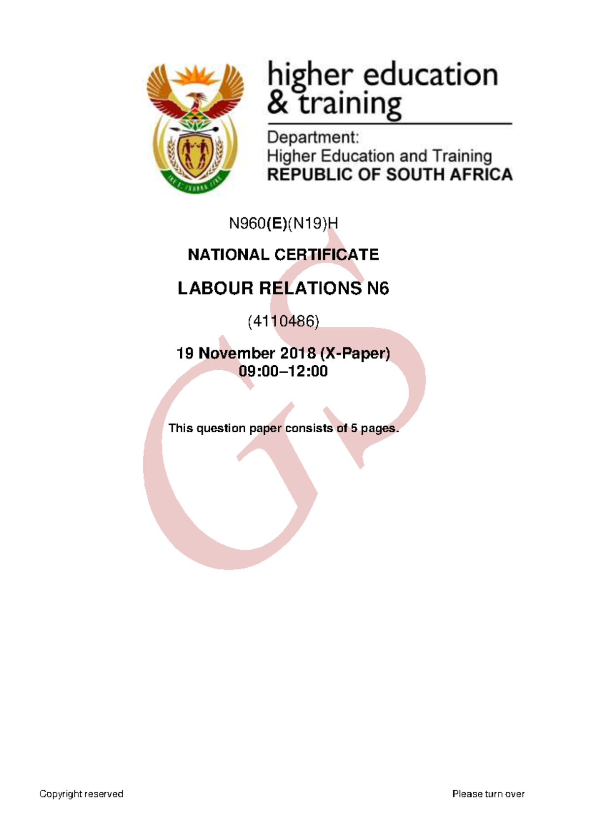 N960(E)(N19)H National Certificate Labour Relations N6 Exam Paper - Nov ...