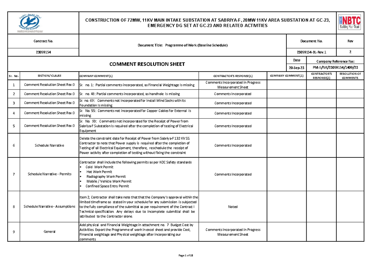 Comment Resolution Sheet for Baseline Schedule (KOC 23059154) - Studocu