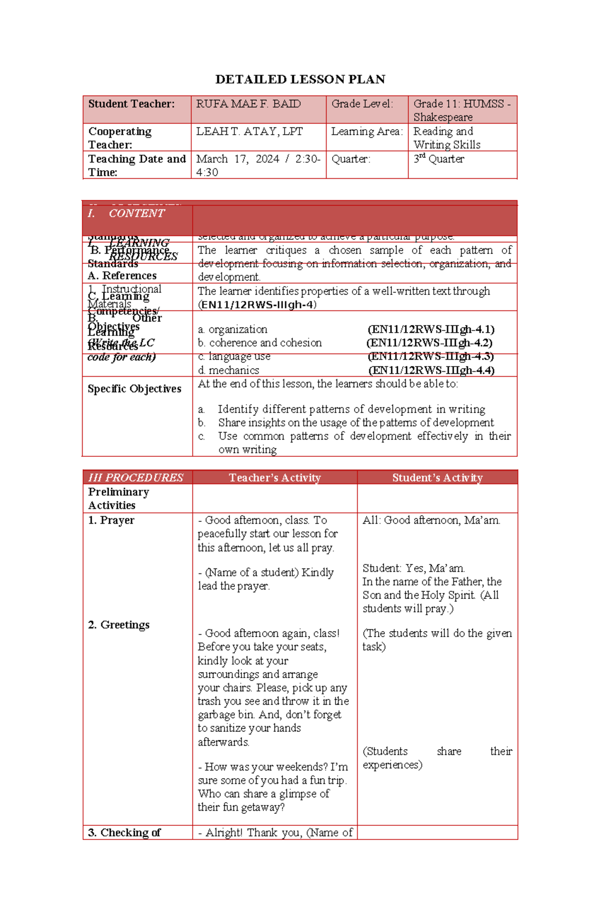 Detailed Lesson PLAN - DETAILED LESSON PLAN III PROCEDURES Teacher’s ...