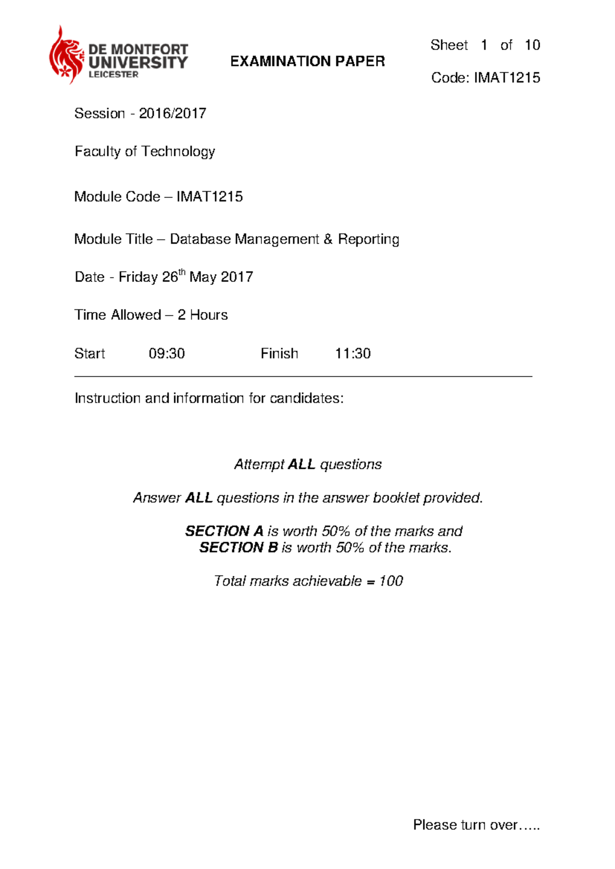 IMAT1215 Exam 2017 - Sheet 1 of 10 EXAMINATION PAPER Code: IMAT Session ...