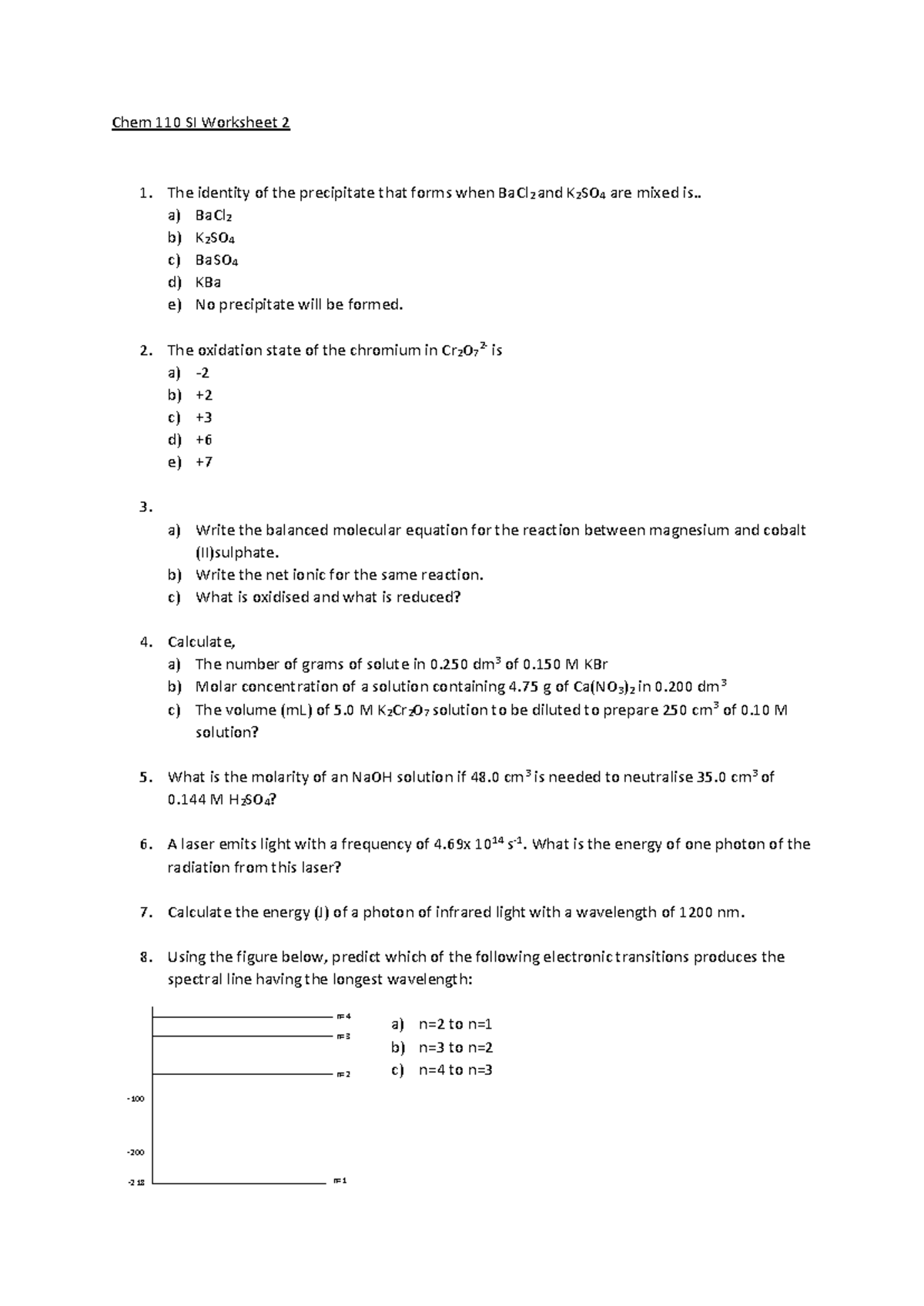 Chem 110 SI Worksheet 2: Precipitation, Oxidation, and Molarity ...