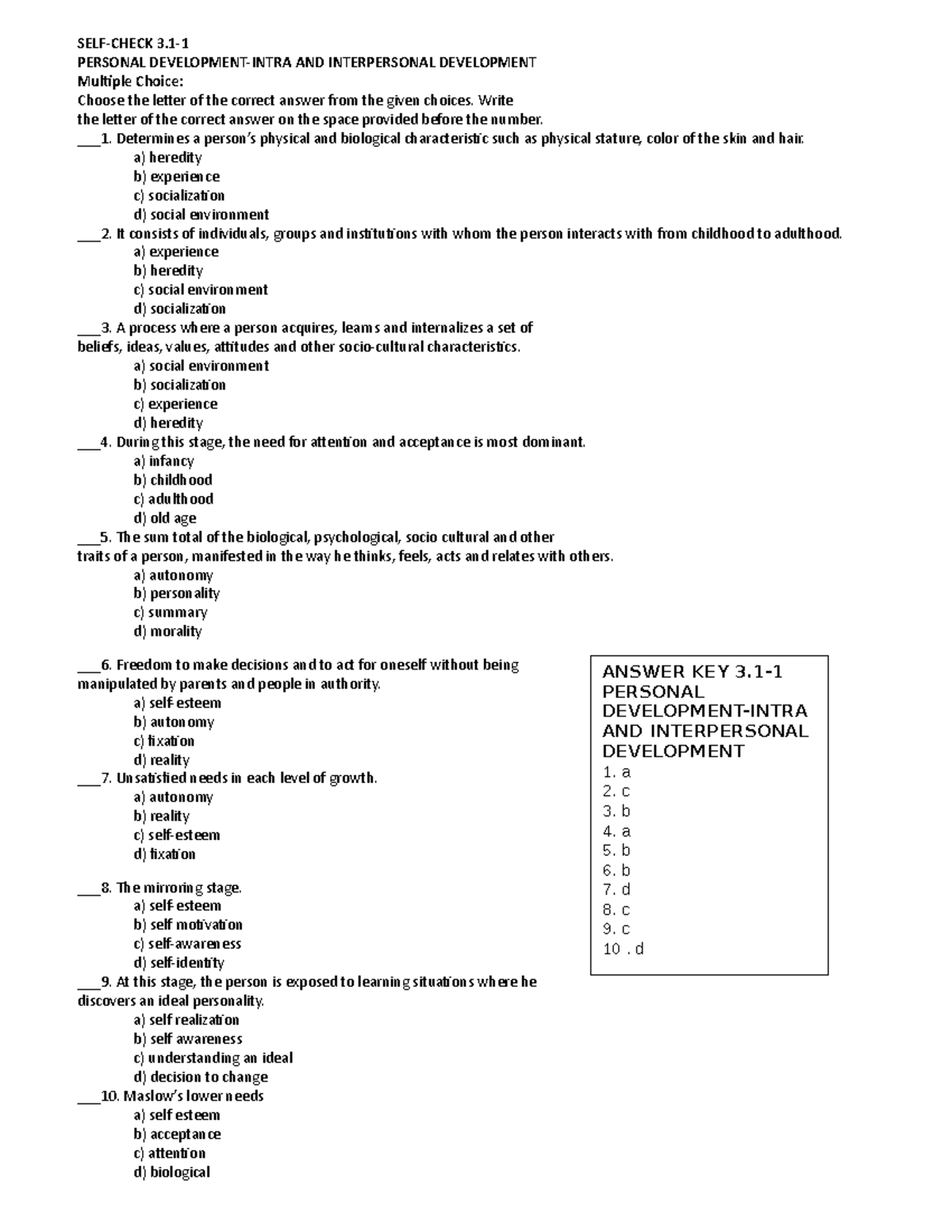 CCS Module 3 - Sample Onle - SELF-CHECK 3- PERSONAL DEVELOPMENT-INTRA ...