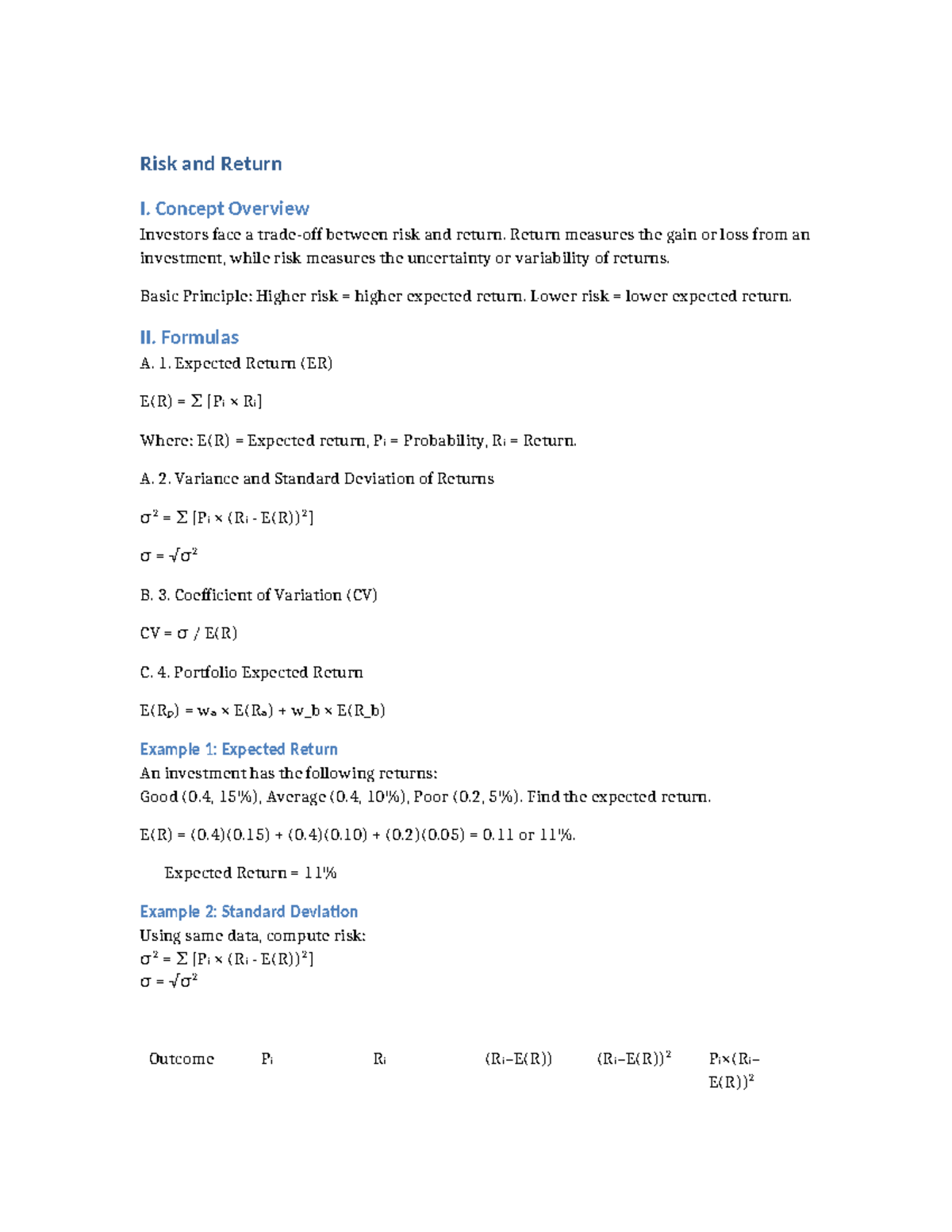 Risk and Return (FIN 101): Key Concepts and Formulas Overview - Studocu