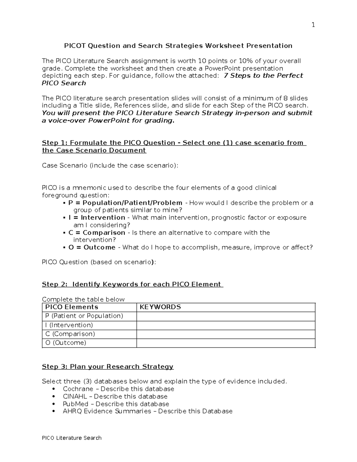 NURS 363 PICO Literature Search Strategy Worksheet Guide - Studocu