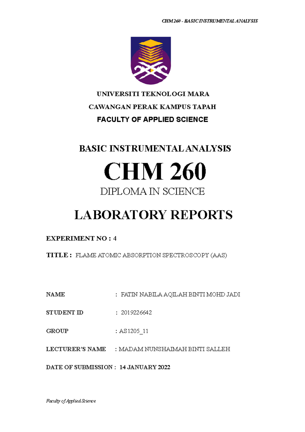 CHM 260 Lab Report: Flame Atomic Absorption Spectroscopy (Exp 4) - Studocu