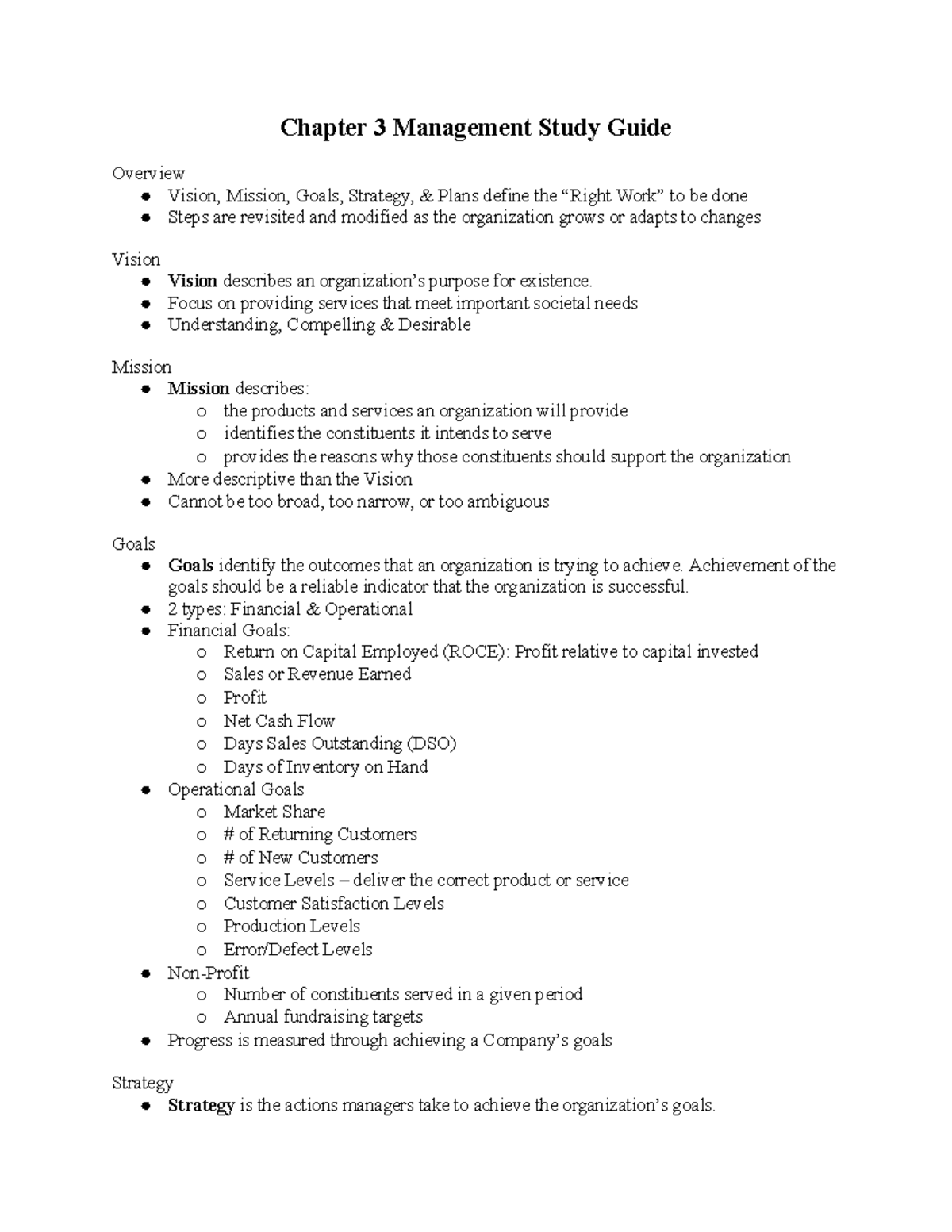 MGMT 101: Study Guide for Chapter 3 on Vision, Goals, and Strategy - Chapter 3 Management Study ...