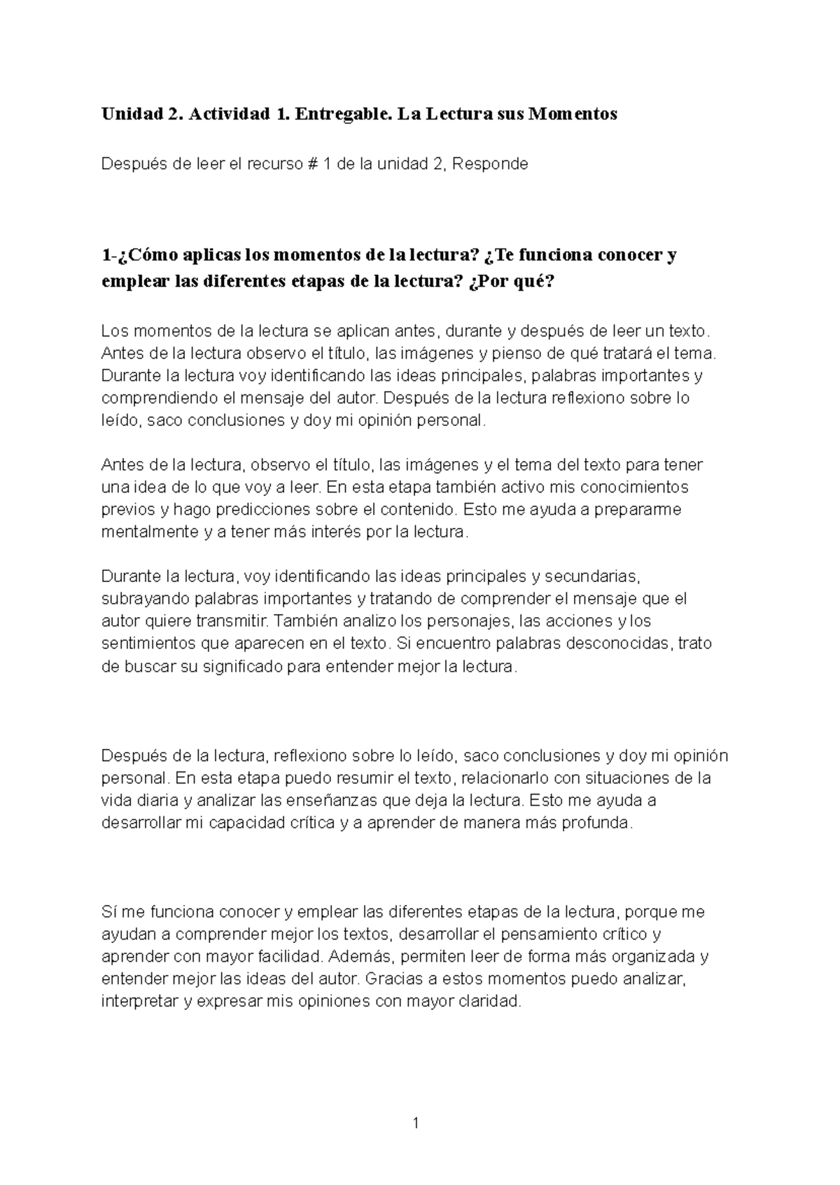 Unidad 2: Actividad 1 - Momentos de la Lectura y su Aplicación - Studocu