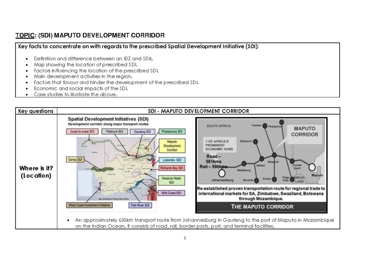Maputo Development Corridor (SDI) Overview and Key Insights - Studocu