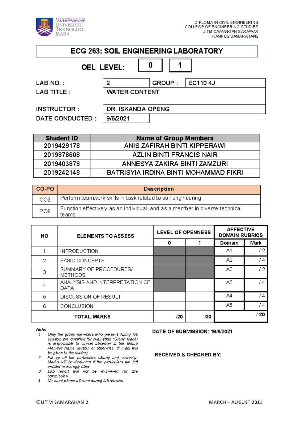 Lab Report Water Content - ©UiTM SAMARAHAN 2 MARCH – AUGUST 2021 ...