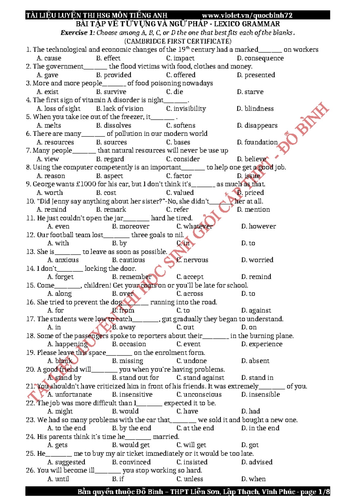 THI HSG MÔN ANH: Bài Tập Từ Vựng & Ngữ Pháp Lexico Grammar - Studocu
