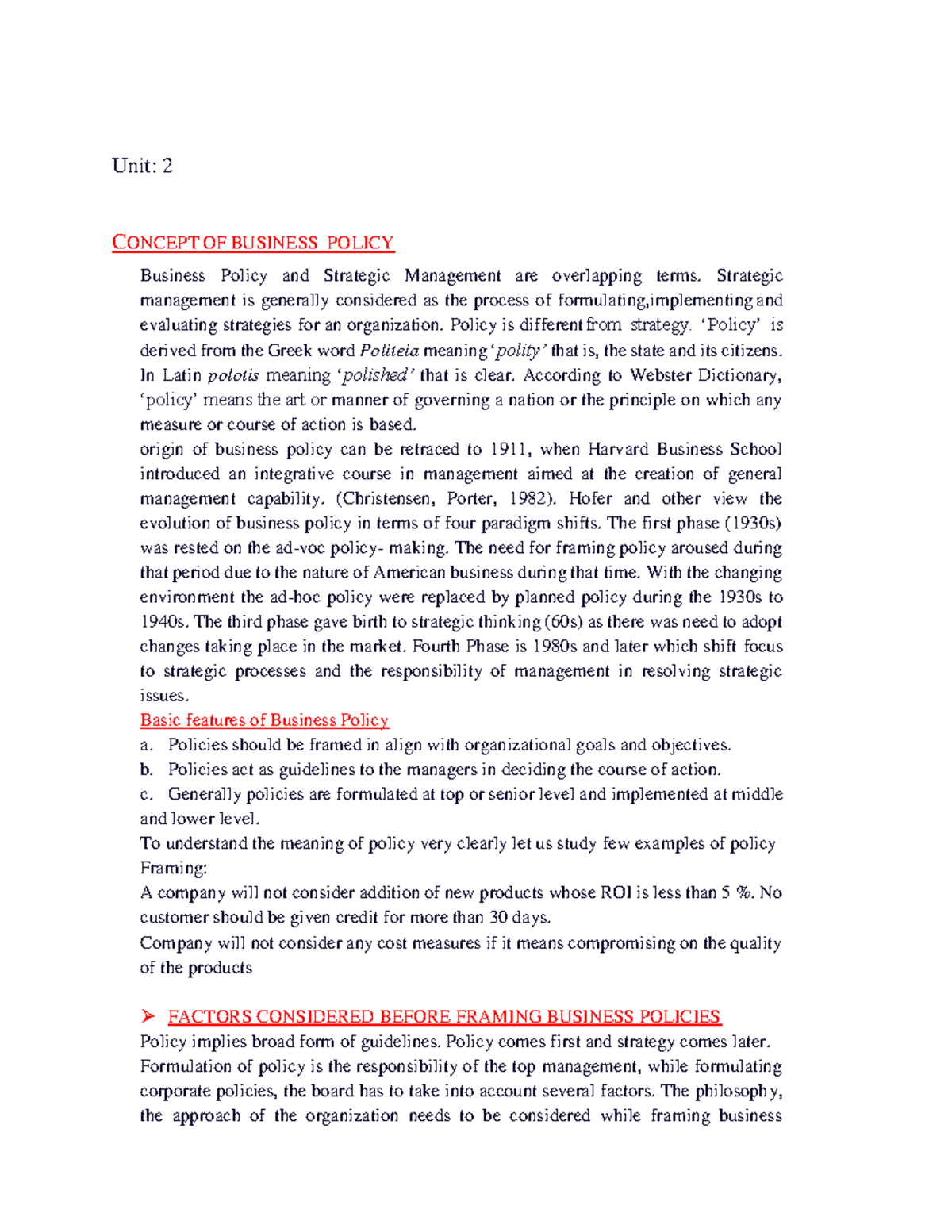 Unit 2 - Understanding Business Policy and Its Strategic Role - Studocu